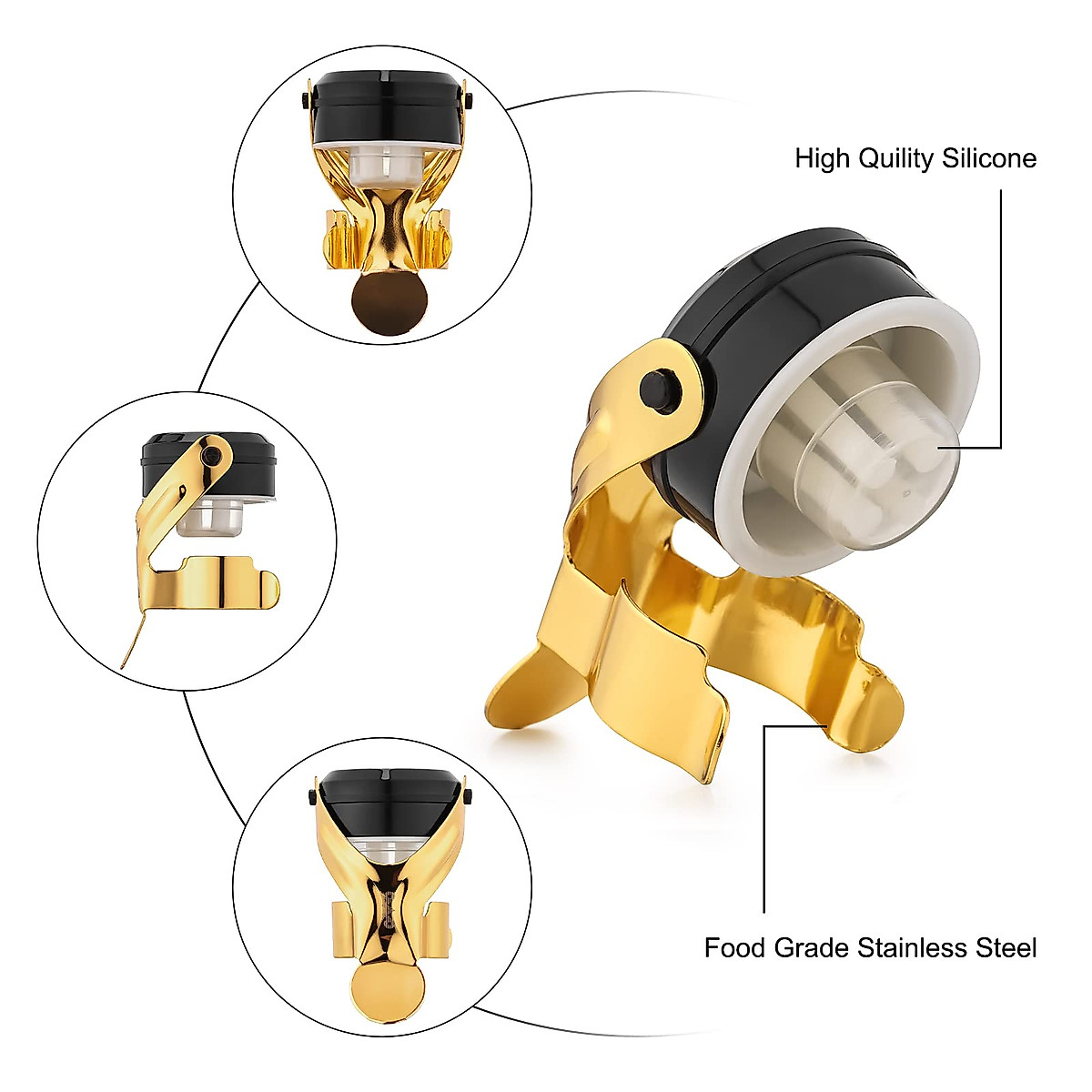 OWO Wine stoppers Stainless Steel Wine Saver Plug with Silicone Wine Saver for all Standard Bottle Necks Leak proof Keep Fresh （Gold, 2 Pack）