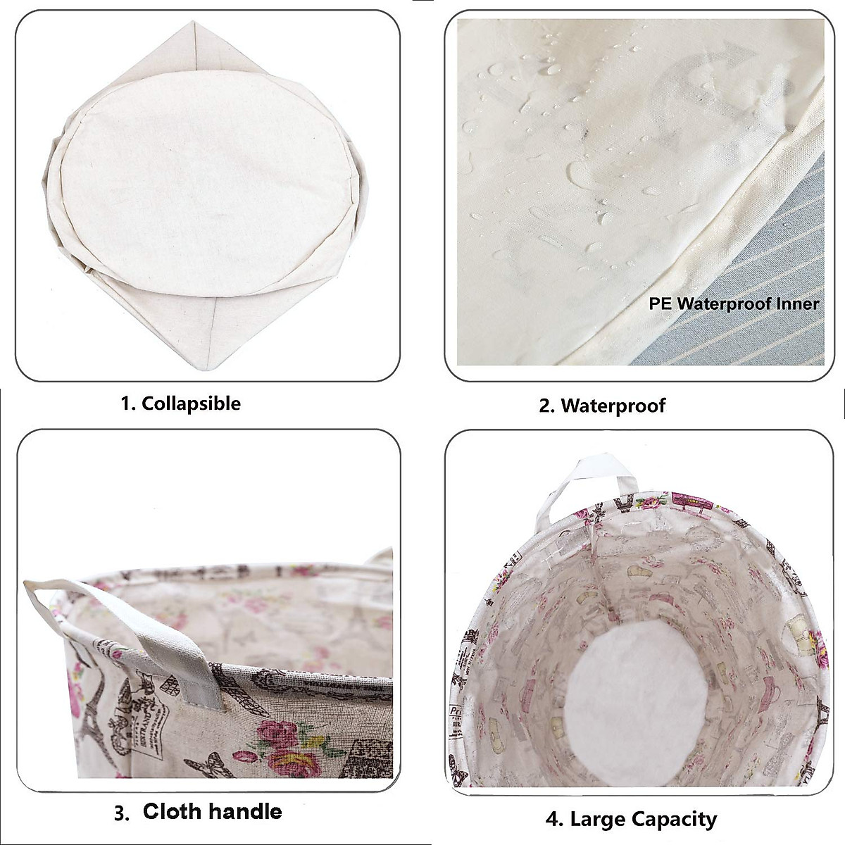 Large Laundry Basket, 63L Foldable Storage Bin, ZUEXT Freestanding Laundry Hamper with Handles for Girls Nursery Bedroom, Dirty Clothes Laundry Basket, Baby Shower Gifts(Floral Paris Towel)