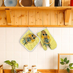 Set of Oven Mitt and Pot Holder,Pineapple Sunglasses Music Mini Oven Gloves and Hot Pads Yellow Funny Tropical Fruit Heat Resistant Kitchen Decor for Cooking BBQ Baking