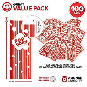 2 oz Paper Popcorn Bags Bulk (100 Pack) Large Red & White Pop-corn Bag Disposable for Carnival Themed Party, Movie Night, Halloween, Popcorn Machine Accessories & Supplies, Individual Servings