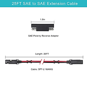 SAE to SAE Extension Cable 16AWG - 25FT SAE Cable Battery Charger Extension Cord Heavy Duty 16AWG Quick Disconnect SAE 2Pin Connector with SAE Polarity Reverse Adapter for Solar Panel Trickle Charger