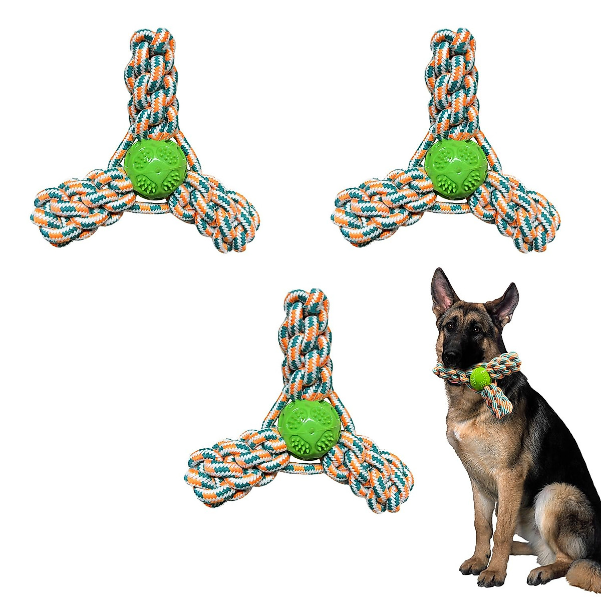 Hydrodogz [3 Pack Tri-Pull Dog Tug Rope Toys Bundle for Small Medium and Large Dogs, Natural Cotton Teething Interactive Stimulation Thick Chew Toy with Treat Dispensing Ball for Aggressive Chewers