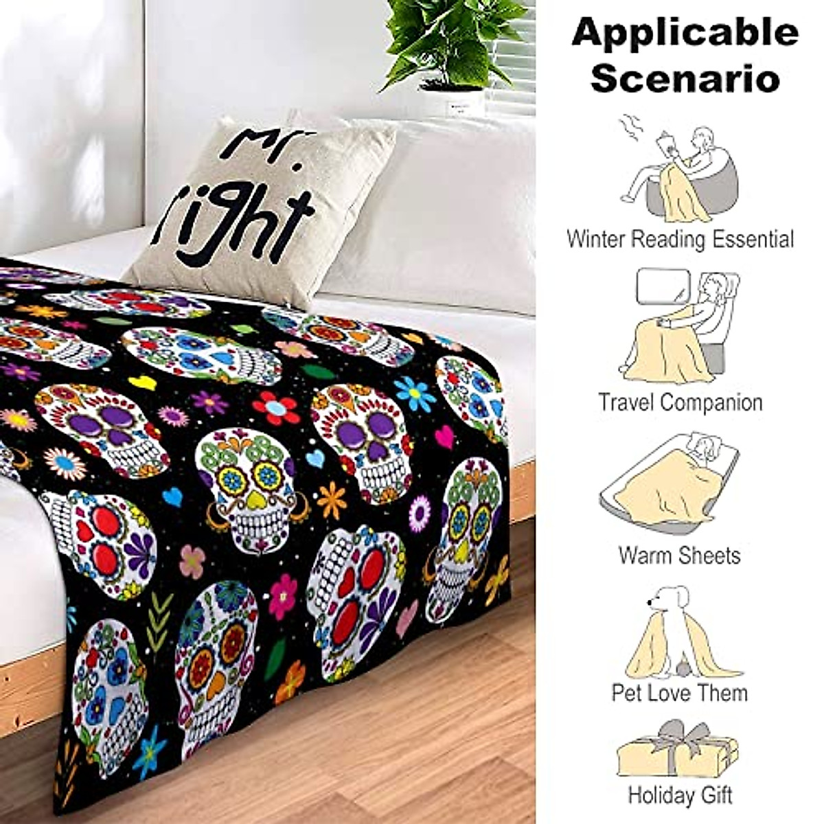 Sugar Skull Blanket Ultra Soft Warm Cozy Flannel Throw Blankets for Women Baby Men Bedding Gifts 50"X40"