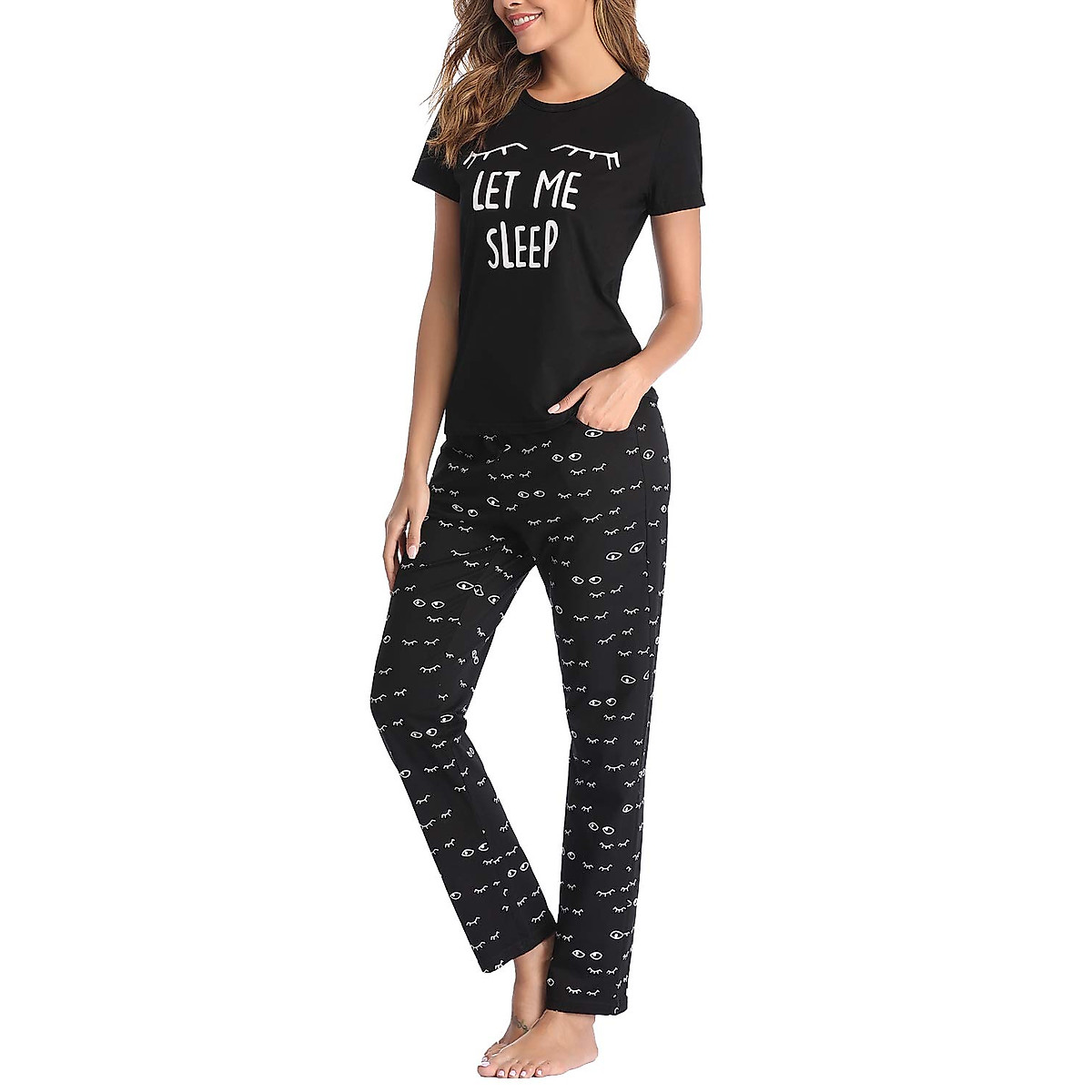 EISHOPEER Women's Pajama Set Printed Short Sleeve Top & Long Pants Sleepwear Pjs Sets Black S