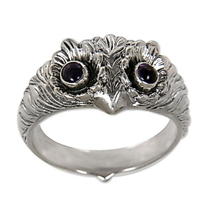 NOVICA Artisan Handmade Amethyst Ring .925 Sterling Silver Bird Purple Band Indonesia Animal Themed Good Fortune Birthstone 'Owl Wisdom'