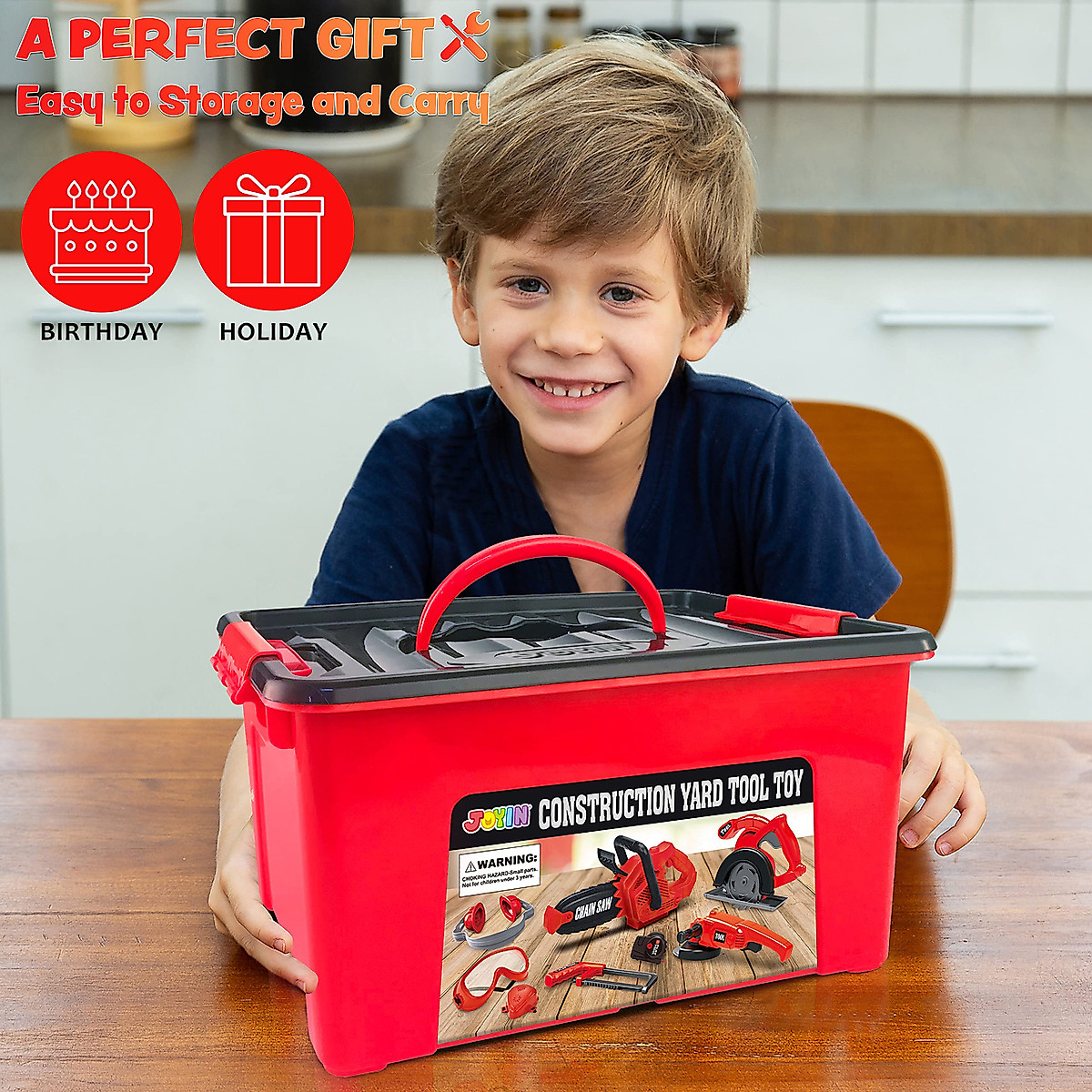 JOYIN 9Pcs Kids Tool Set, Pretend Play Toddler Tool Toys with Construction Worker Box & Electronic Drill Chainsaw Toy for Boy Girl Halloween Present Birthday Dress Up Party Favors