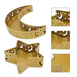 VALICLUD 2pcs Iron Serving Tray Plate Eid Islam Moon and Star Shaped Platter Pastry Dessert Tray for Home Ramadan Mubarak Party Decor Supplies (Golden)