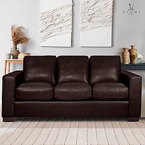 Naomi Home Freya Genuine Leather Sofa - Luxurious Comfort, Goose Feather Cushion Filling, Square Arm Design, Sturdy Block Legs, Elegant Espresso - Ideal for Living Room, Office, or Bedroom