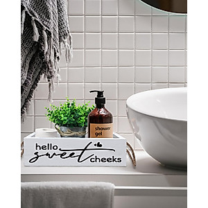 Msyueos Hello Sweet Cheek Decor Box with Rope - Rustic Wooden Storage Box with Funny Design on 2 Sides Perfect for Bathroom Decor, Toilet Paper Holder, Toilet Tank Basket, Toilet Organizer (White)