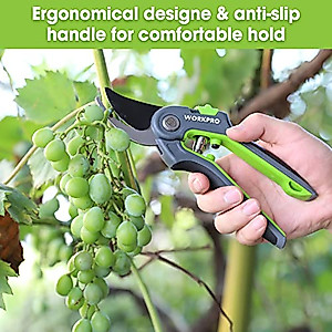 WORKPRO Bypass Pruning Shears, 8’’ Stainless Steel Gardening Hand Pruner, Professional Garden Trimming Scissors with Sharp SK5 Steel Blades, Ideal Garden Tool,Green