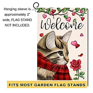 Valentines Cat Garden Flag 12x18 Vertical Double Sided Welcome Red Pink Love Heart Floral Farmhouse Spring Holiday Outside Decorations Burlap Yard Flag BW238