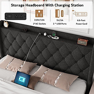 iPormis Queen Size Lift Up Storage Bed Frame with Charging Station, Upholstered Platform Bed Frame with Tufted Headboard, Hydraulic Storage, No Box Spring Needed, Noise-Free, Easy Assembly, Dark Grey