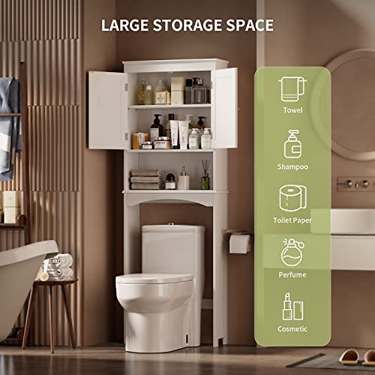 Gizoon Over The Toilet Storage Cabinet with Adjustable Shelf and Double Doors, Bathroom Space Saver Organizer Above Toilet with Open Shelf, Taller Wooden Free Standing Toilet Rack -White