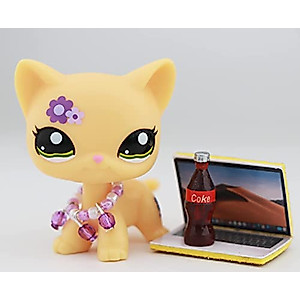 Junior Pet Shop lps Cat 1962, lps Shorthair Cat Yellow Body Purple Flower Kitten with lps Accessories Necklace Laptop Coke Kids Gift
