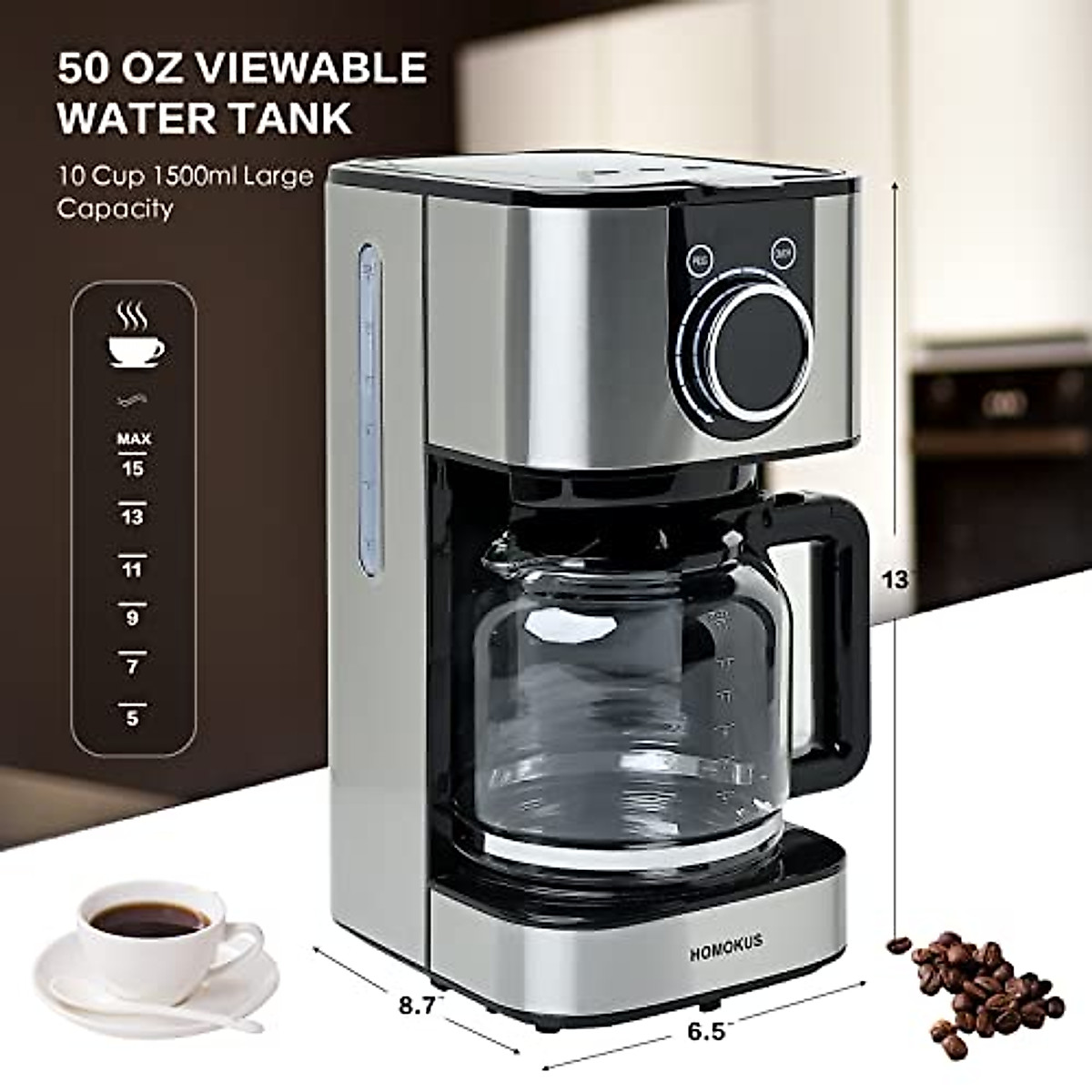 HOMOKUS 10 Cup Coffee Maker - Programmable Drip Coffee Maker -Stainless Steel Drip Coffee Machine with Timer, Brew Strength Control, LCD Screen and Anti-Drip System
