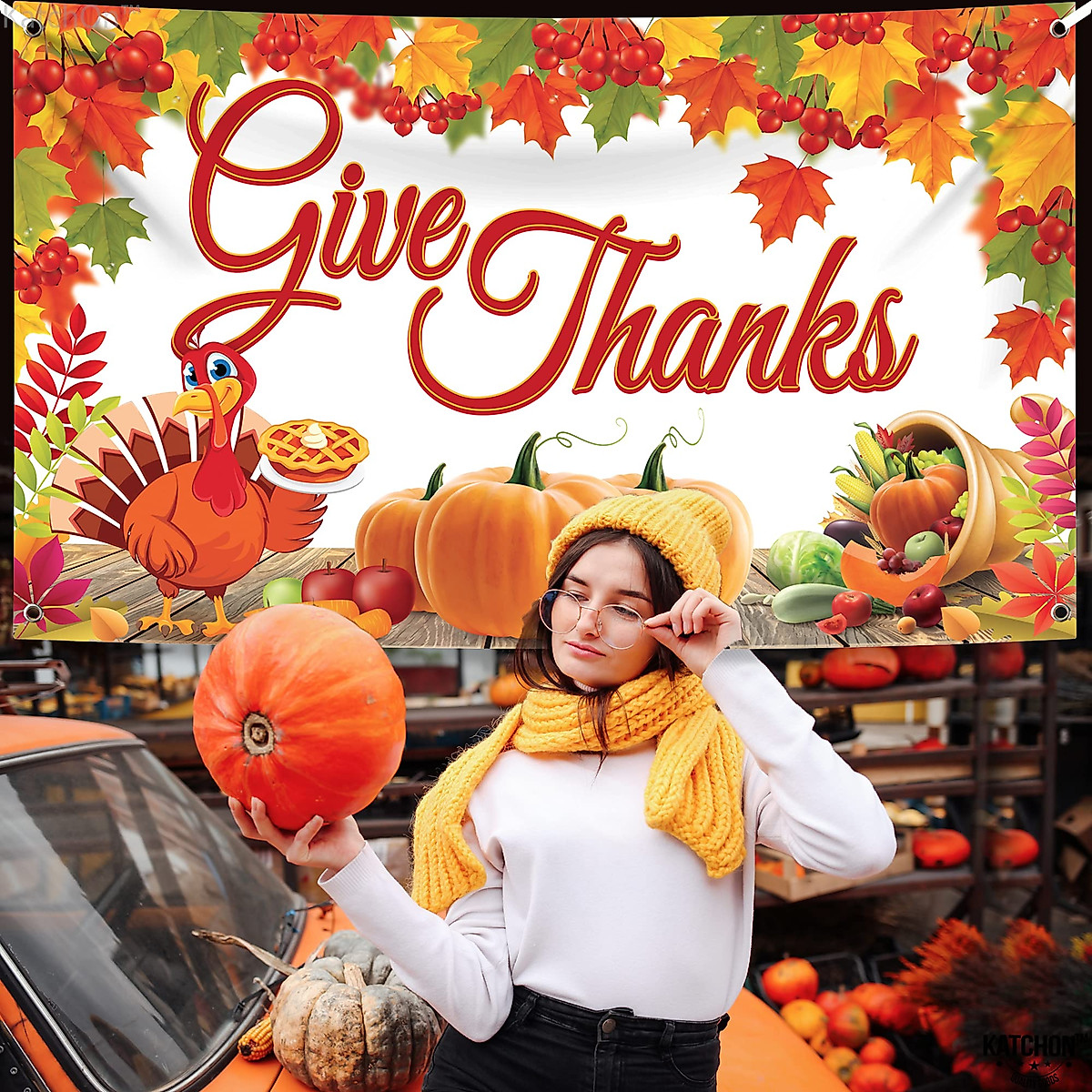KatchOn, Give Thanks Banner - XtraLarge, 72x44 Inch | Thanksgiving Backdrop for Thanksgiving Decorations | Thanksgiving Wall Banner | Happy Thanksgiving Banner for Thanksgiving Party Decorations
