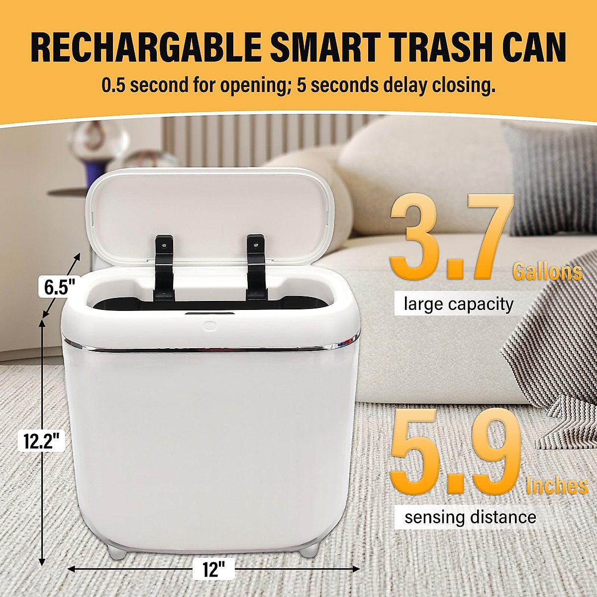 Sayene Slim Bathroom Trash Can with Lid 3.7 Gal Rechargable Smart Motion Sensor Trash Can Bedroom Automatic Touchless Garbage Can with Lid Trash Bin for Bathroom Bedroom Office Kitchen