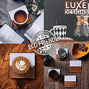 Acacia Wood & White Marble Coasters with Holder (4 Piece) – Square Absorbent Coasters For Drinks: Tea, Coffee, Wine & More – Fancy Half Marble Half Wood Coasters Set for Home & Kitchen Decor (4” x 4”)