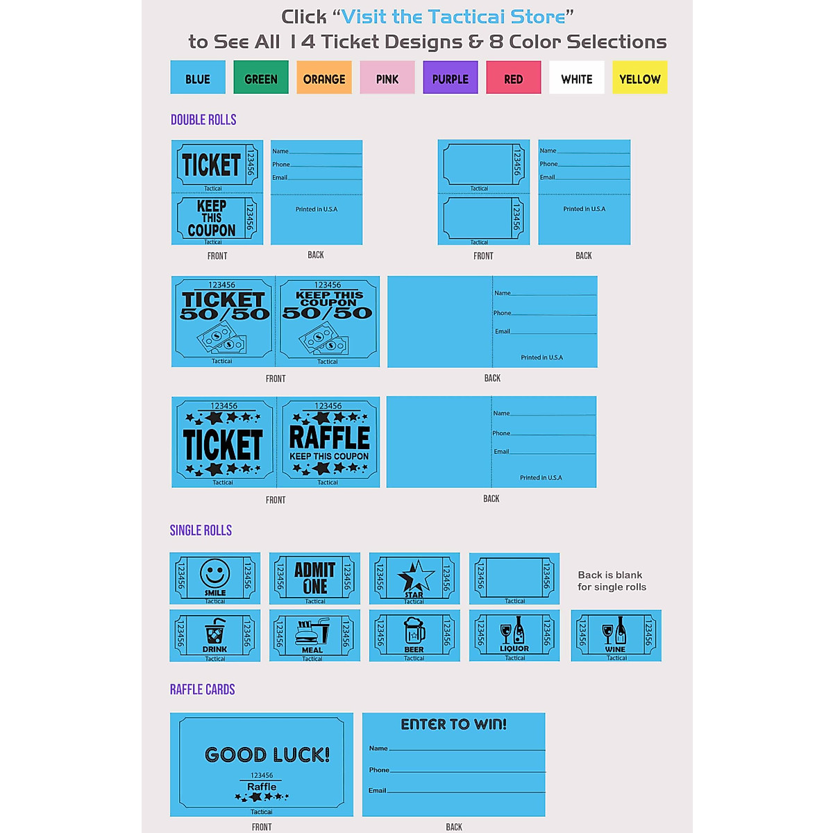 Tacticai 2000 Raffle Tickets, Smile, Purple (8 Color Selection), Single Roll, Ticket for Events, Entry, Class Reward, Fundraiser & Prizes