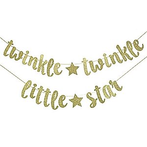 Twinkle Twinkle Little Star Banner, Glitter Birthday Banner, Baby Shower, Holiday Party Decorations (Gold)