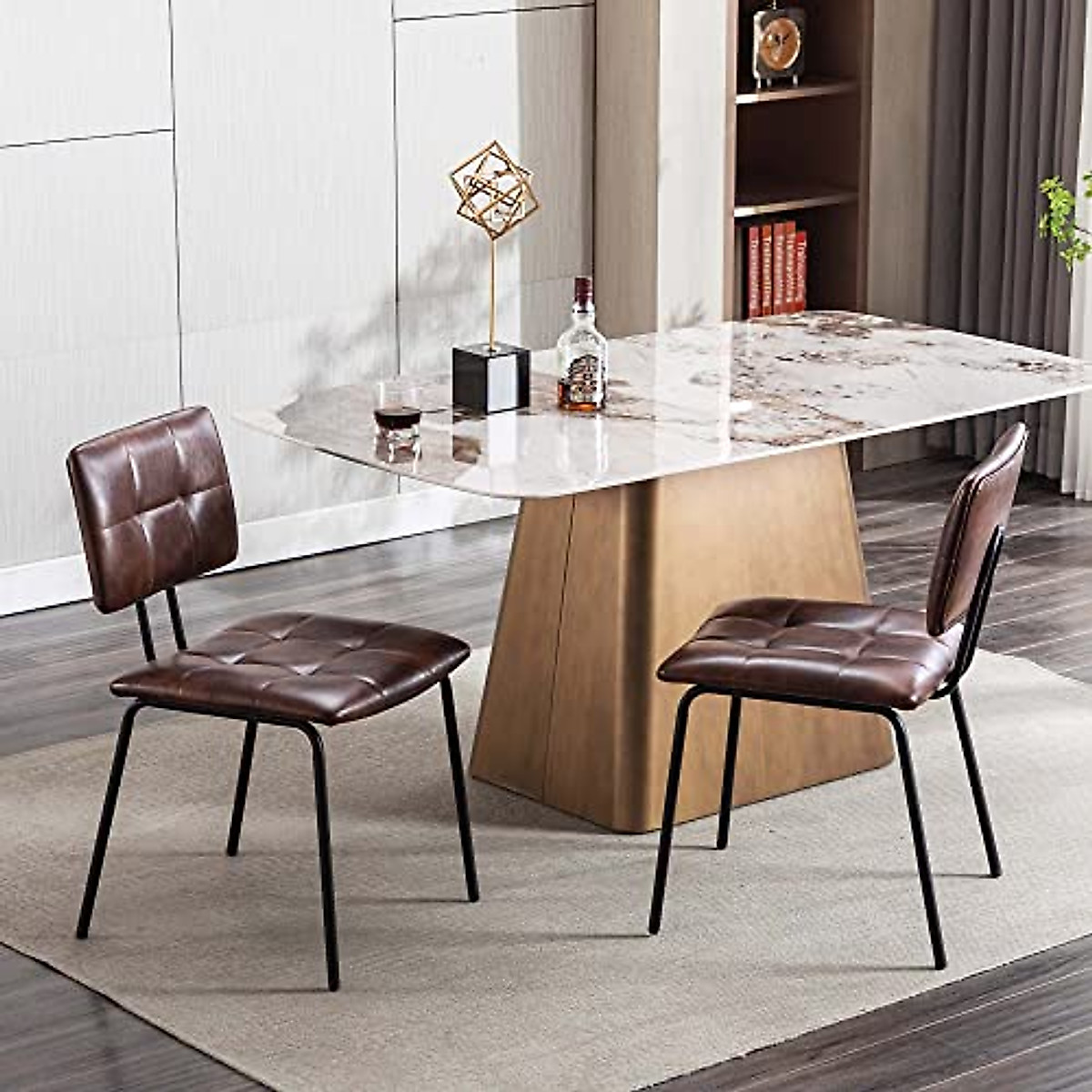 Duhome PU Leather Dining Chairs Set of 2, Breathable Faux Leather Upholstered Kitchen Chairs with Backrest, Metal Dining Chair Suitable for Dining Room Kitchen Counter Island Bar, Darkbrown