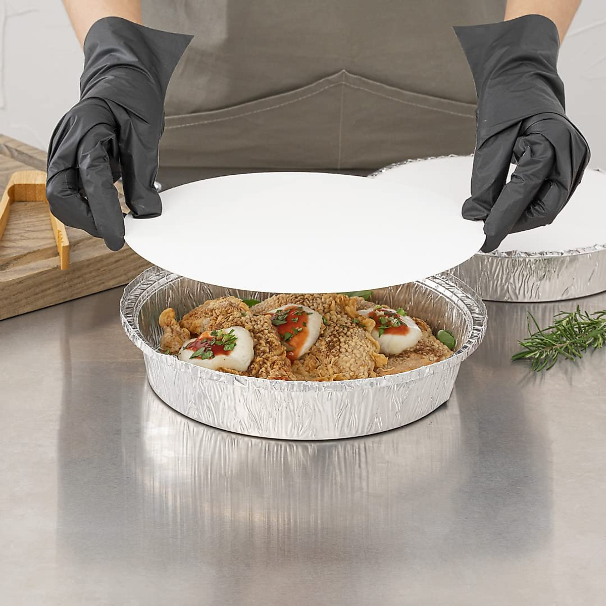 Restaurantware LIDS ONLY: Foil Lux Paper Lids For 9 Inch Aluminum Pans 100 Round Foil Board Lids - Pans Sold Separately Flat Design Foil-Laminated White Paper Lids
