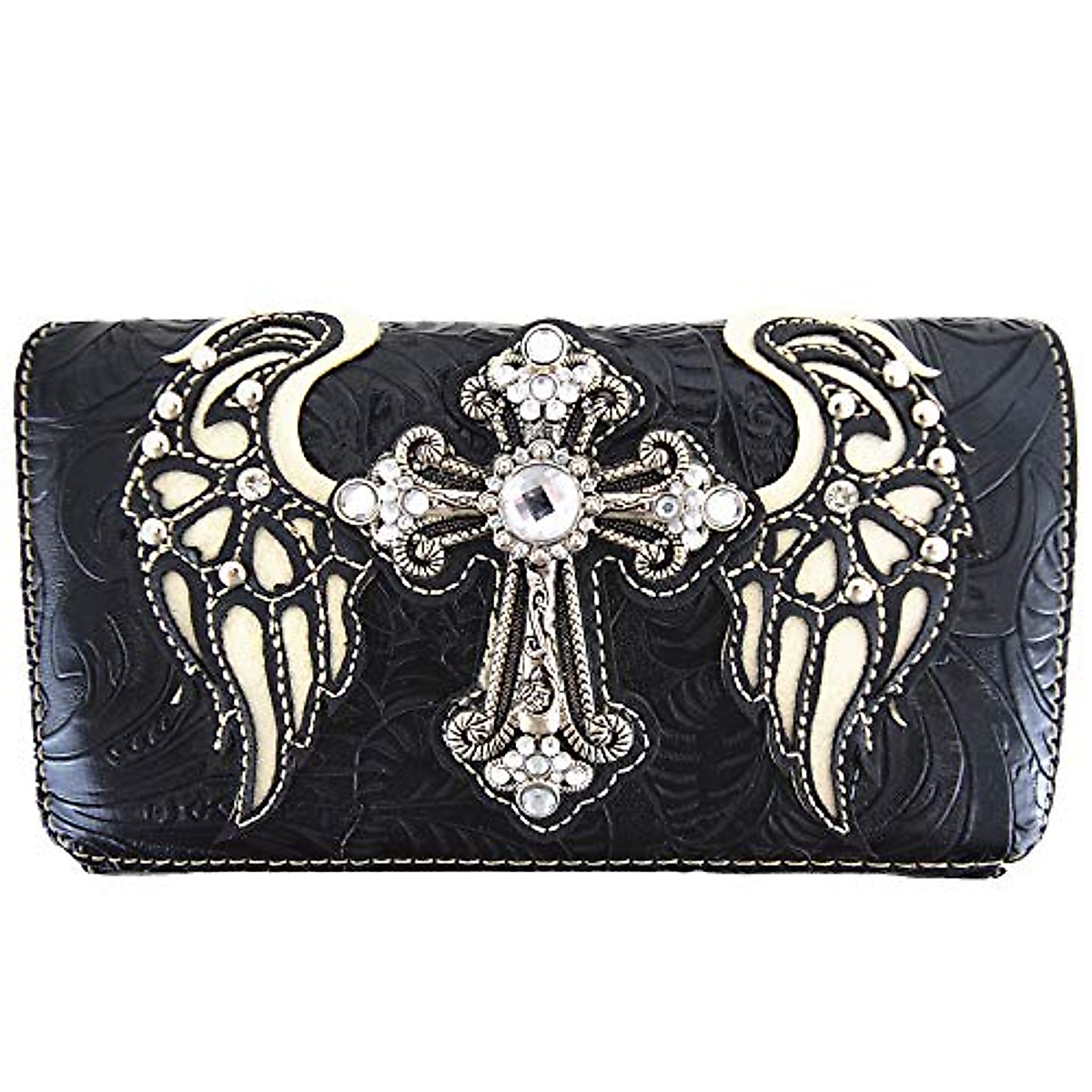 Western Style Cross Laser Cut Wings Purse Concealed Carry Handbags Women Country Shoulder Bag Wallet Set (#4 Black Set)