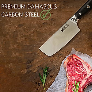 MJOGEE Damascus Chef Knife - Professional Japanese Chef Knife - Santoku Knife 7 inch - Carbon Steel Chef Knife - Vegetable Knife - Meat Slicing Knife - Nakiri Knife Japanese - Ergonomic Handle