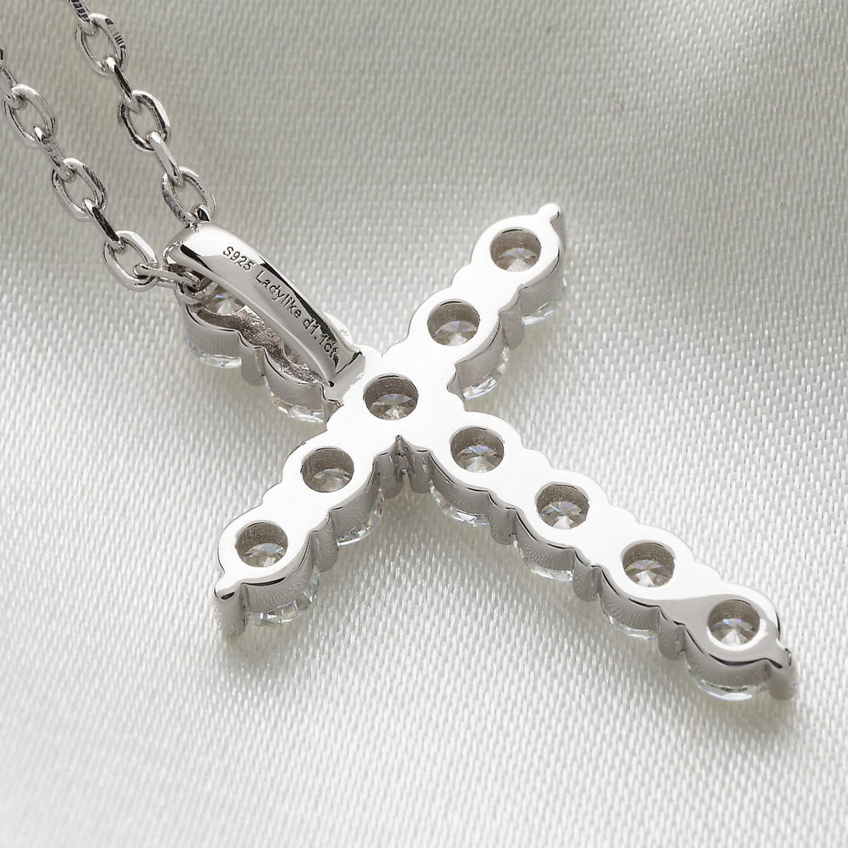 Ladylike 18K Gold Plated Sterling Silver Moissanite Cross Pendant Necklace for Women, with 11 Pieces of 3mm VVS1, D moissanites,Small and Exquisite Necklace,16+2" inches Necklace Chain (Silver)