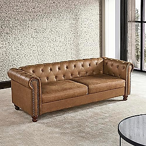 80.3'' Chesterfield Sofa, Classic 3 Seat Tufted Upholstered Couch, High-tech Fabric Sleeper Sofa with Nailhead Scrolled Arms for Living Room Apartment Office 80.31" W x 30.31" D x31.88 H (Brown)