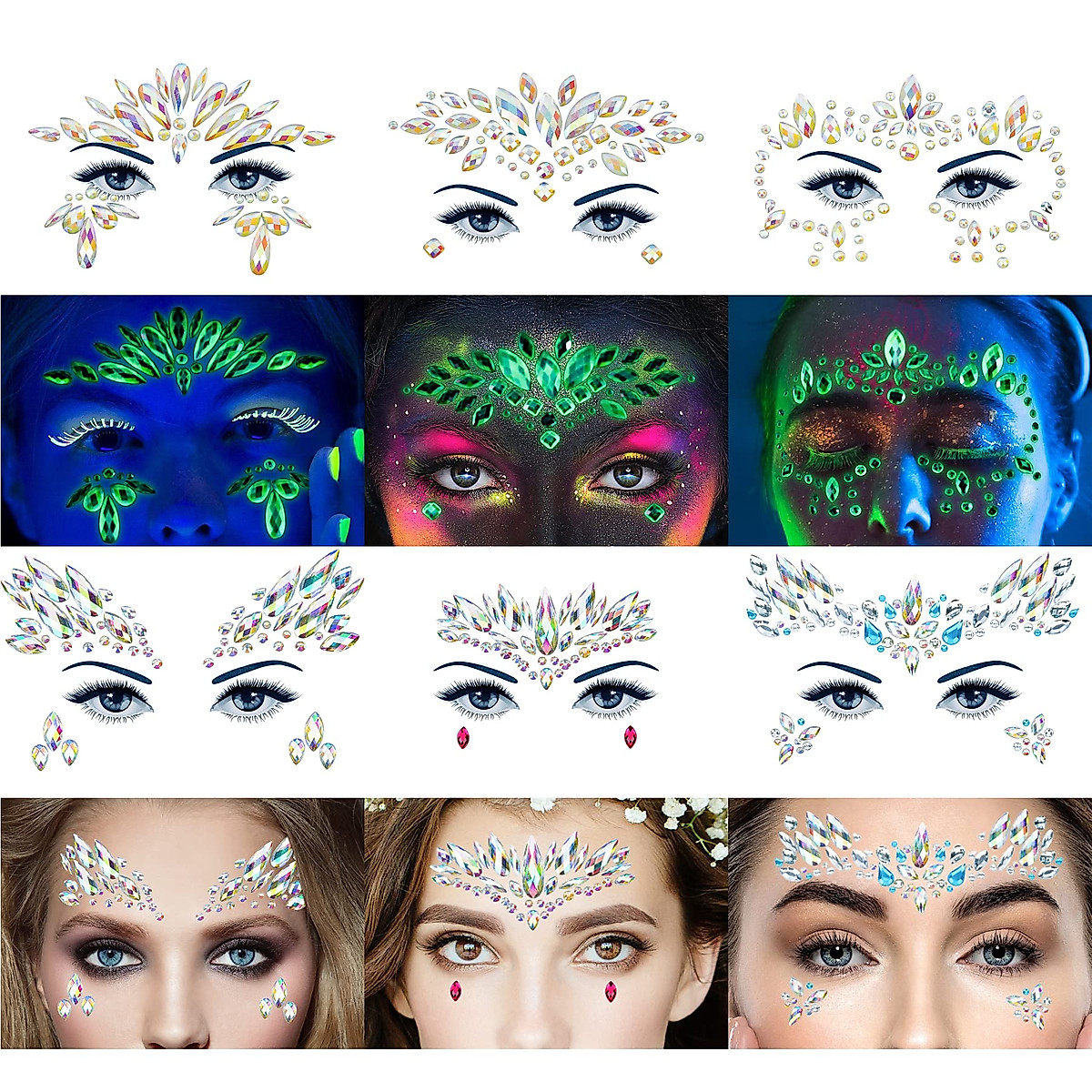 Face Gems 6Sheets Face Jewels Stick On Rhinestones Stickers 30g Chunky Glitter, Gemstones Temporary Tattoo Gifts For Women, Festival Rave Outfit Euphoria Accessories (3Luminous)