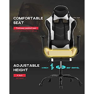 Vnewone Computer Gaming Chair Office PC Ergonomic Home Executive Desk Racing Rolling Swivel Task Adjustable High-Back PU Leather with Lumbar Support Footrest Headrest Armrest Massager, White