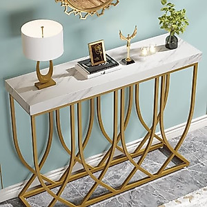 Tribesigns Gold Console Table, Modern Faux Marble Veneer Entryway Foyer Table, 39.4” Narrow Sofa Accent Table with Geometric Metal Legs for Living Room, Hallway, Entrance, White & Gold