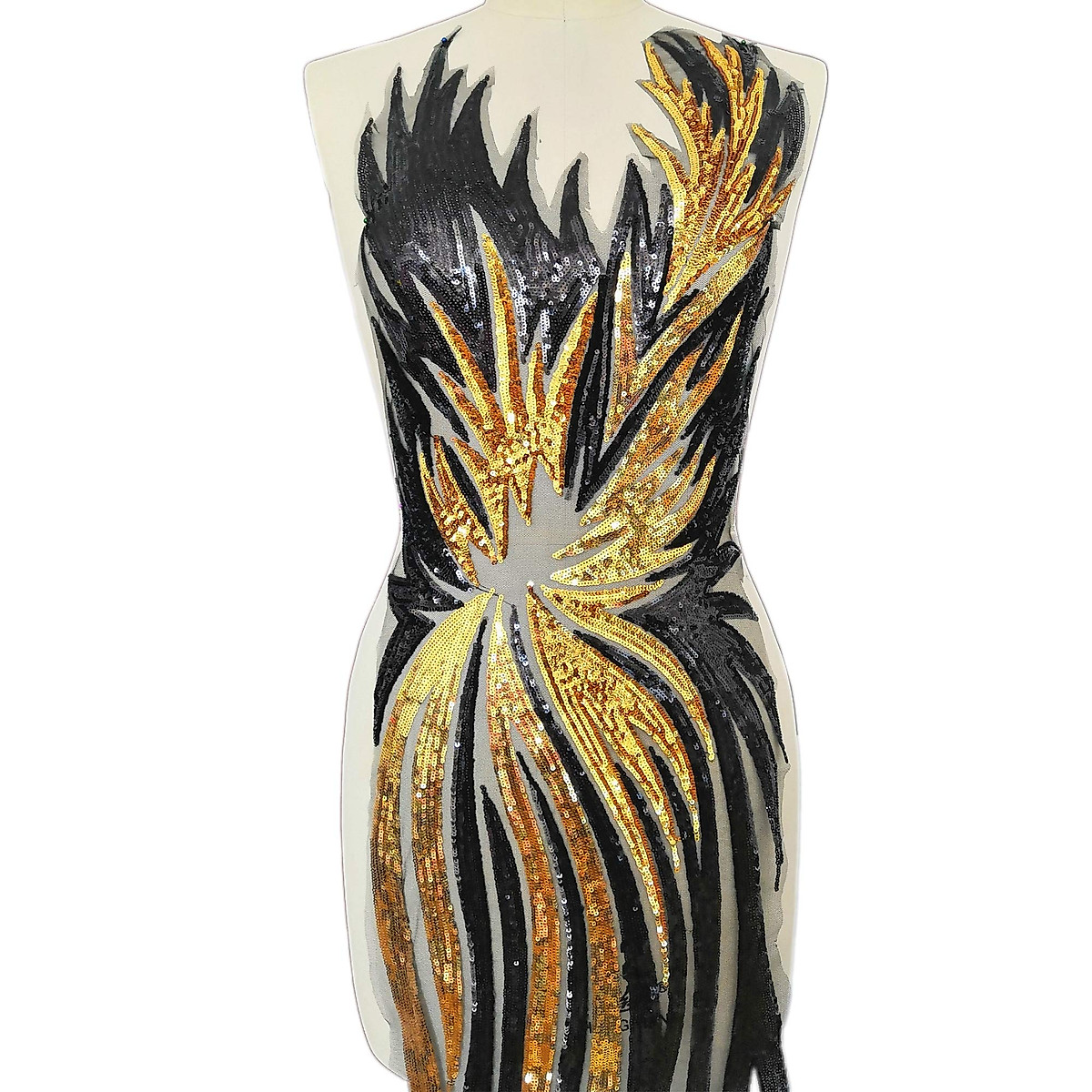 African Sequins Long Appliques Patches Embroidered Nigerian Lace Fabrics French Tulle for Women Evening Clothes Prom Dresses(Black and Gold, 1 Piece(30x130cm))