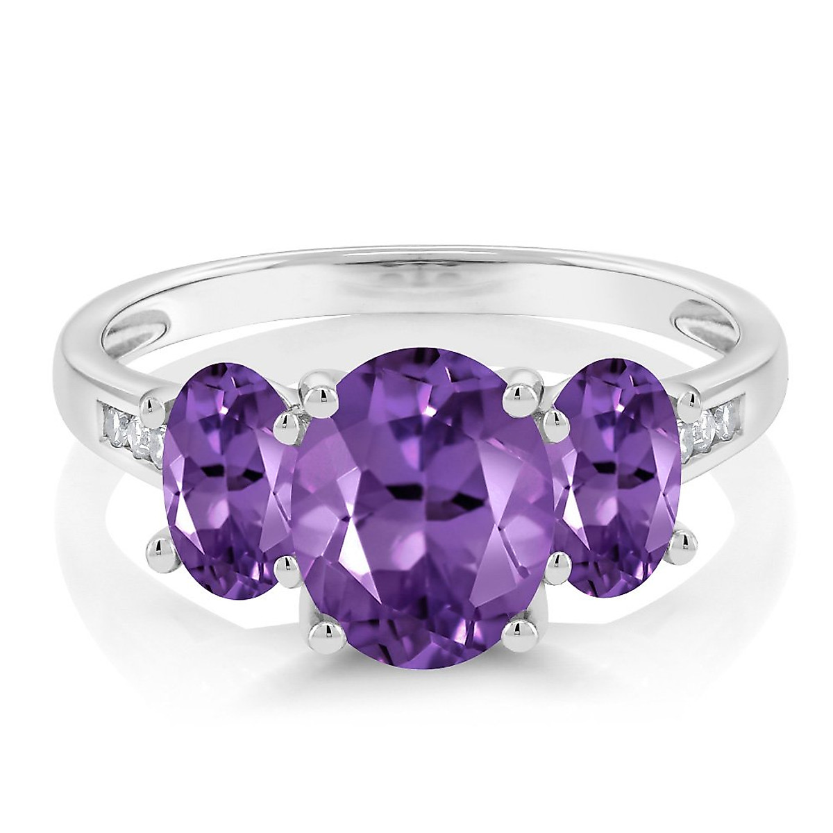 Gem Stone King 10K White Gold Purple Amethyst and White Diamond Oval 3-Stone Engagement Ring For Women (1.70 Cttw, Gemstone February Birthstone, Available In Size 5, 6, 7, 8, 9)