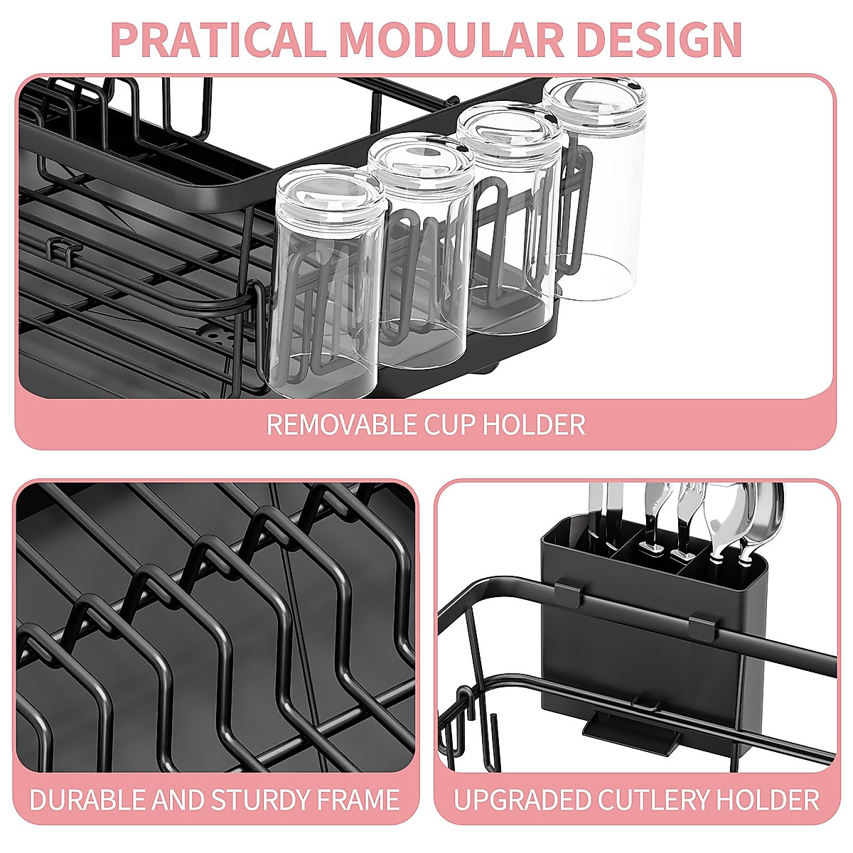 Urackify Dish Drying Rack for Kitchen Counter, Kitchen Dish Rack Black, Large Sink Dish Drainer Dryer Rack Small Space, Kitchen Dishes Strainer Drying Rack with Drain Board Cup Holder Cutlery Holder