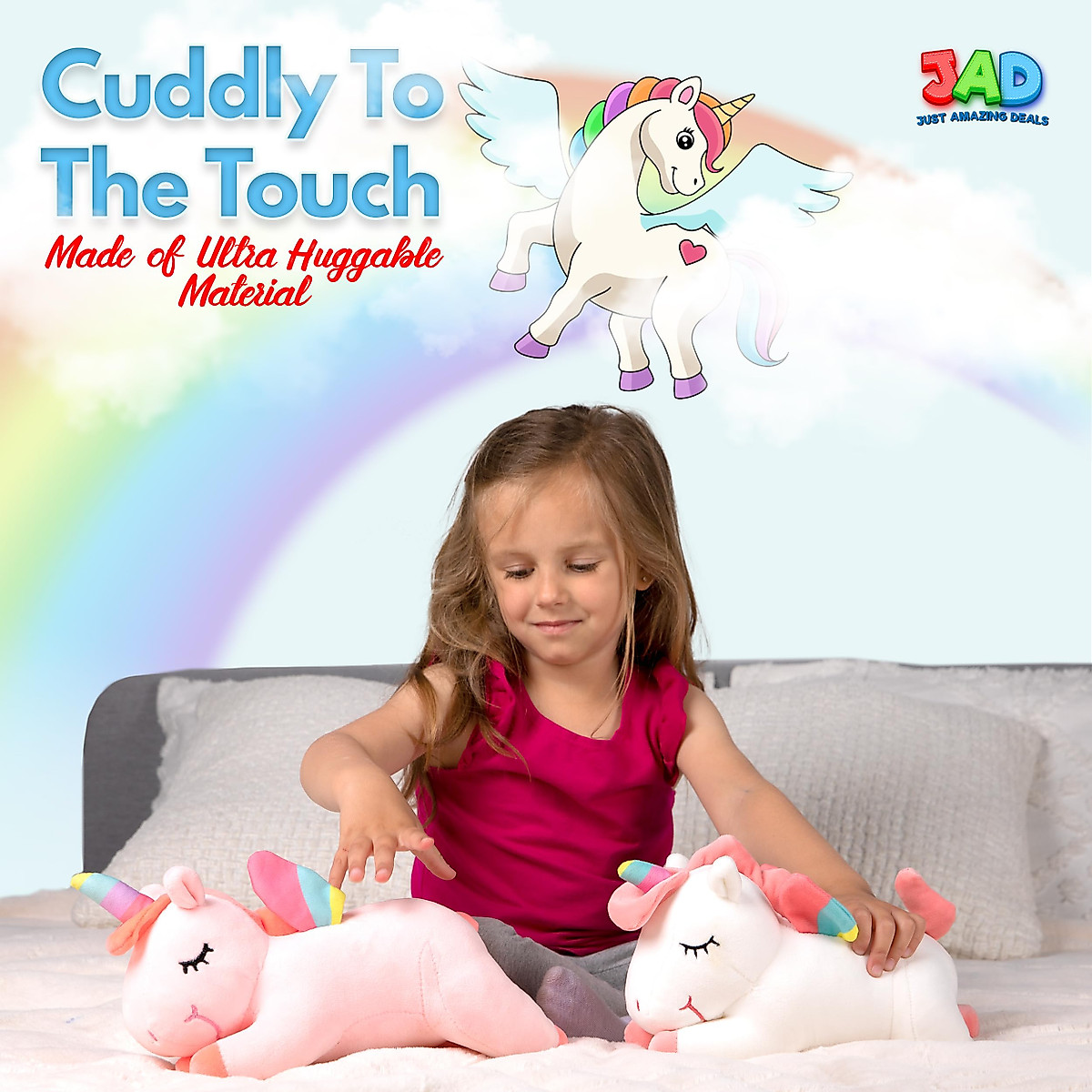 JUST AMAZING DEALS Unicorn Stuffed Animals Set of Two (2) Plushies, 12 inch, Big Cuddly Soft Cute Pink White Rainbow Lovable Alicorn Birthday Gifts Pillows Toys for Girls