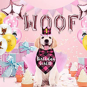 JOTFA Dog Birthday Party Supplies, Plaid Dog Birthday Bandana Girl with Dog Birthday Number Crown Hat Bowtie for Small Medium Dogs Birthday Outfit (Pink, Bandana & Hat & Bow Tie & Number)