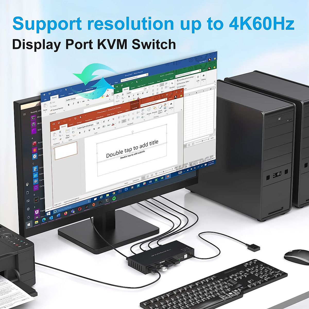 KVM Switch DisplayPort 2 Port 4K 60Hz USB2.0 DP 1.2 for DP KVM Switches 2 PC 1 Monitor Switch Support Wire-Desktop Controller Including 2 USB2.0 Cable