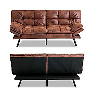 Opoiar Futon Memory Foam Couch Bed with Mattress and Frame Included,Comfortable Faxu Loveseat Sleeper Sofa for Dorm Apartment Office College Small Space Bedroom RV Living Room, Brown Leather