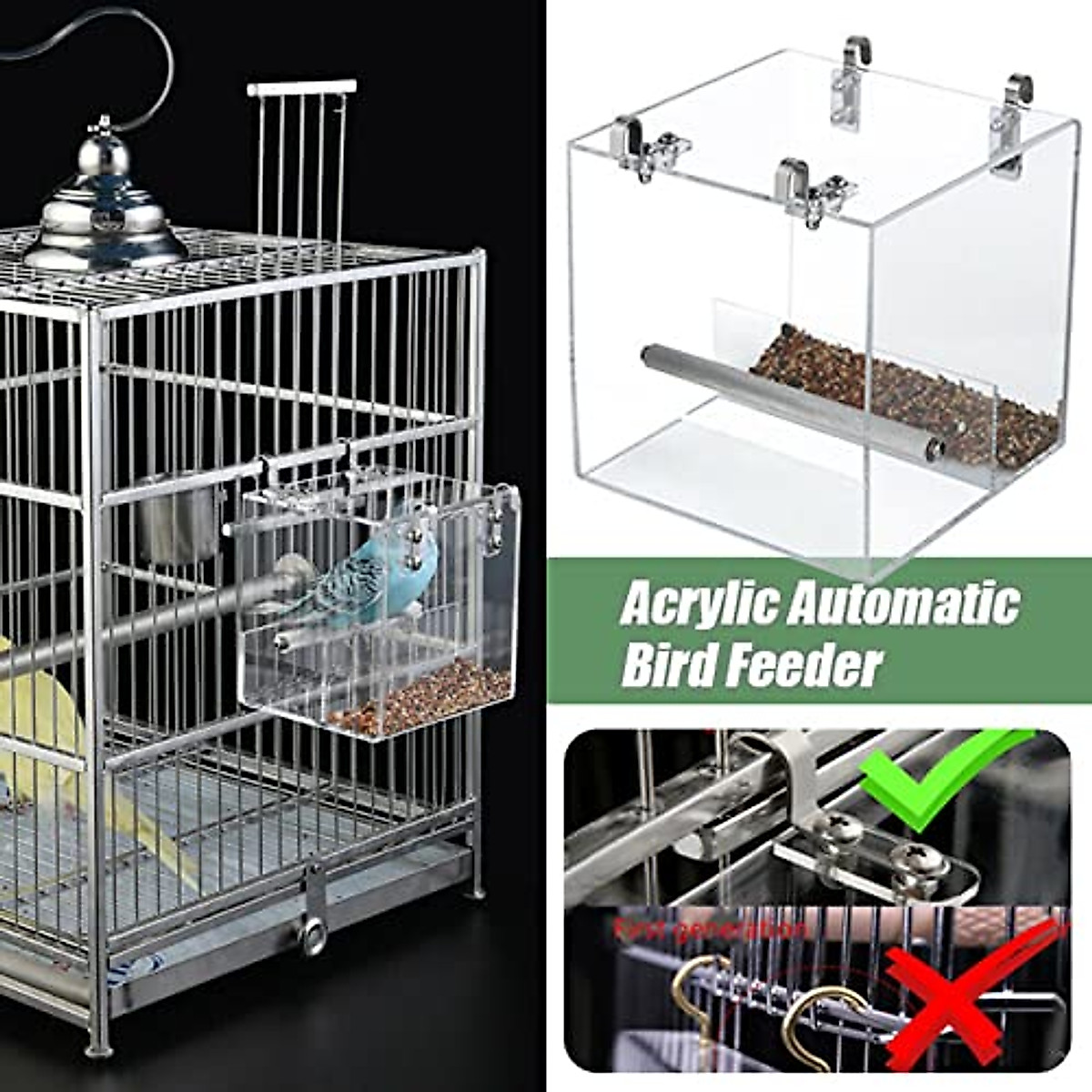 Automatic Bird Feeder No Mess Bird Cage Pet Feeder Seed Food Container for Parakeet Canary Cockatiel Parrot Finch Canary Acrylic (Small)