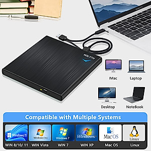 NOLYTH External CD Drive for Laptop, Slim CD Burner for Mac with 1 Audio 2 USB Ports, USB DVD Drive External Optical Disk Reader Player for PC Windows Desktop
