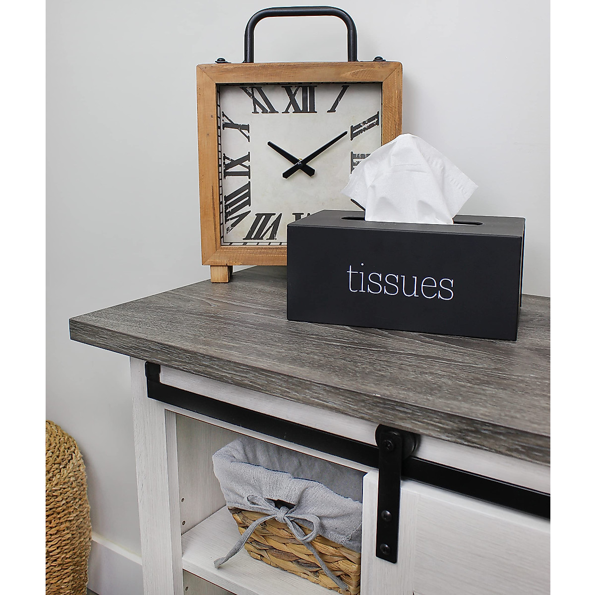 AuldHome Design Rectangular Tissue Box Cover (Black), Modern Farmhouse Style Enamelware Oblong Tissue Cover Holder