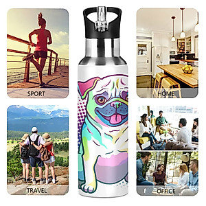 Oarencol Colorful Pug Dog Water Bottle Rainbow Animal Polka Dot Stainless Steel Vacuum Insulated with Straw Lid 20 Oz