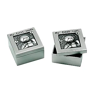 Creative Gifts International My First Tooth & My First Curl Teddy Bear Boxes, Brushed Pewter, Gift Box Included