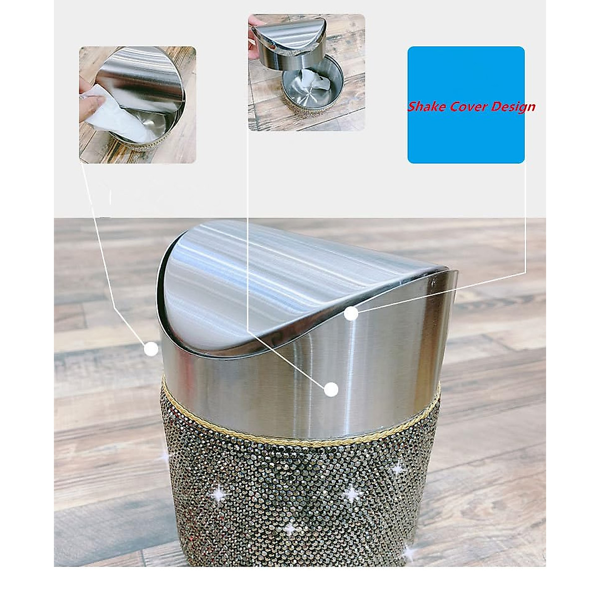 Daofaith Trash Can Wastebasket – Garbage Container Bin Waste Basket Crystal Rhinestone Bedazzled Glitter Deco Vanity Home Office Desk, Perfect for Vanity and Small Items -Black