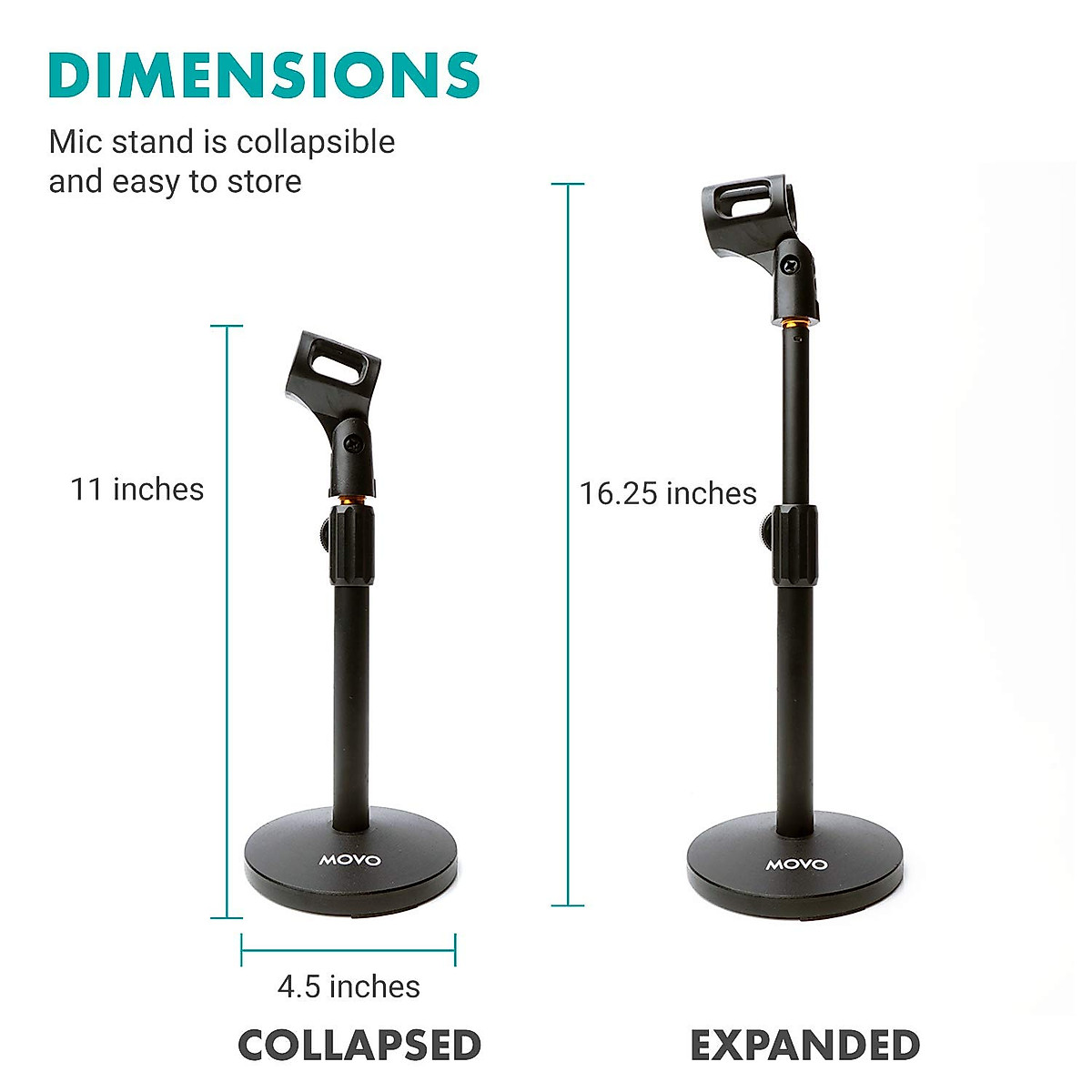 Movo TMC-3 Small Adjustable Table Mic Stand with Round Base and Universal Mic Clip. Table Top Mic Stand Height is Adjustable with Weighted Base Sits on Desk Ideal for Podcast, Livestream, & Interviews