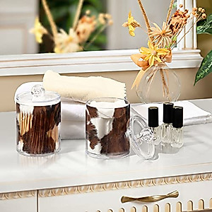 WELLDAY Apothecary Jars Bathroom Storage Organizer with Lid - 14 oz Qtip Holder Storage Canister, White Brown Print Cow Clear Plastic Jar for Cotton Swab, Cotton Ball, Floss Picks, Makeup Sponges,Hair