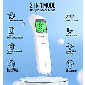 Thermometer for Adults and Kids, No-Touch Forehead Thermometer with Object Mode Function,Fever Alert and 32 Set Memory Recall,Instant Accurate Reading Digital Baby Thermometer for Fever