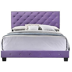 Glory Furniture Full Size Bed with Headboard, Footboard in Velvet, in Purple, No Box Spring Needed, Easy Assembly